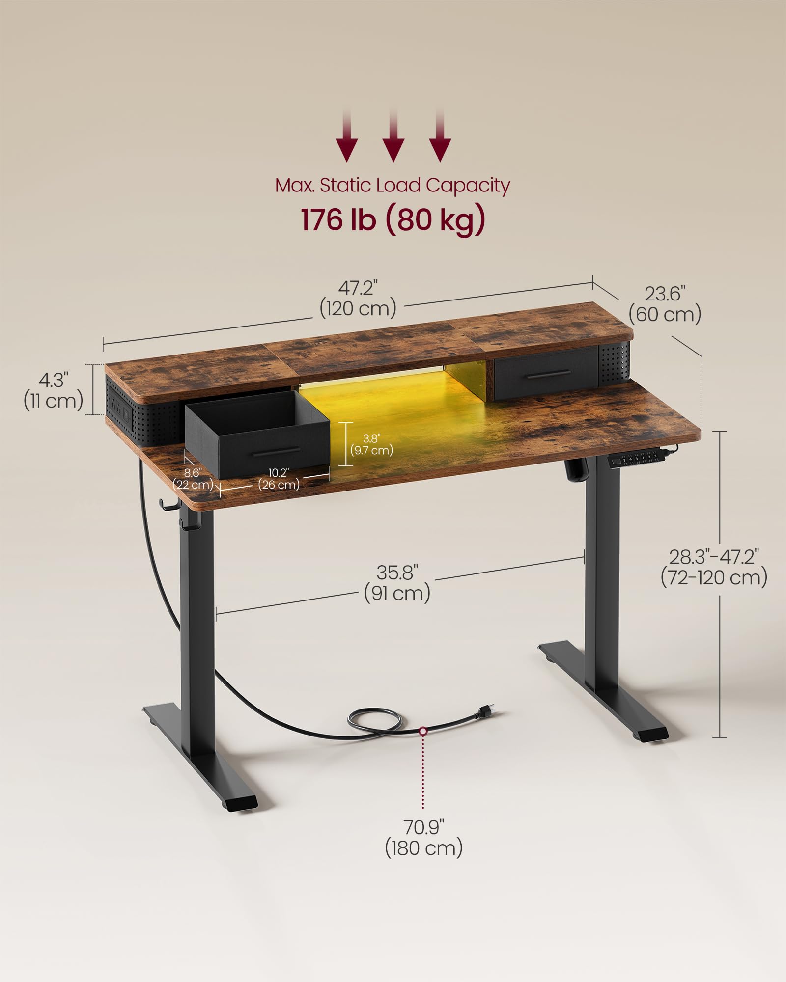 VASAGLE Electric Standing Desk with Drawers, Sit Stand Desk with Built-in Power Strip, Adjustable Height, 23.6 x 47.2 Inches, 2 Hooks, Memory Function, for Home Office, Rustic Brown ULSD182X21