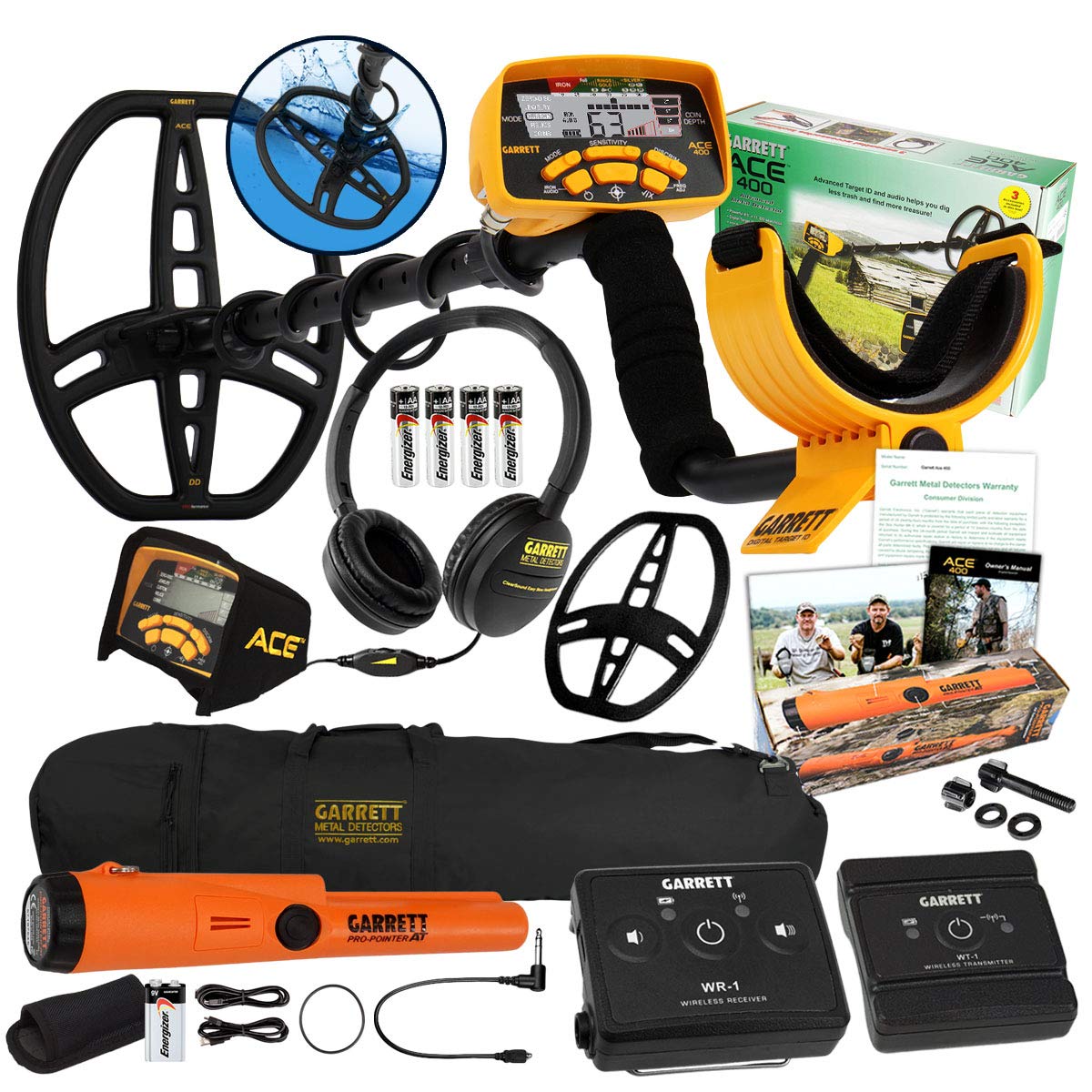 Garrett ACE 400 Metal Detector w/Z-Lynk Wireless System, Pro Pointer at & Bag