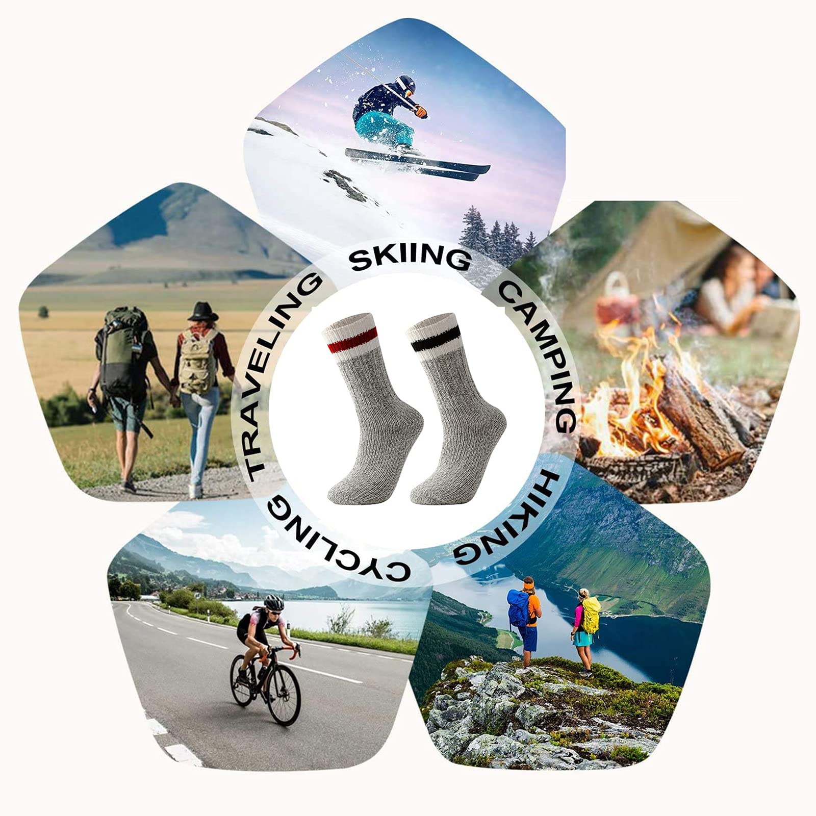 GLENMEARL 2 Pairs Merino Wool Hiking Trekking Winter Thick Warm Boot Crew Socks for Winter,Women,Men,Kids(Red and Black 14-16)
