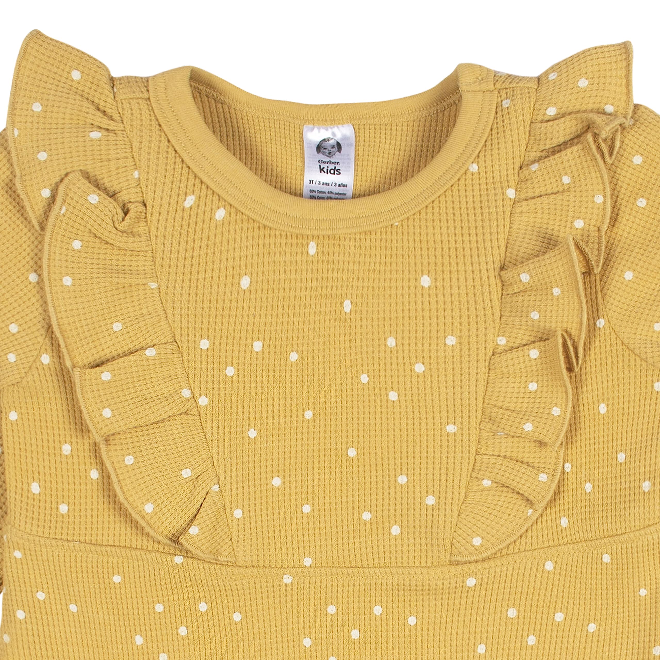 Gerber Baby Girls' Toddler Long Sleeve Dress with Ruffle Detail, Yellow Dots, 18 Months