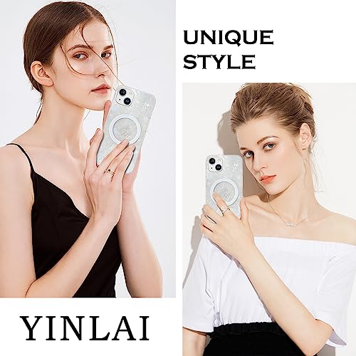 YINLAI Case for iPhone 14 / iPhone 13 [Compatible with MagSafe] Magnetic Slim Glitter Bling Sparkly Pearl Mother-of-Pearl Seashell Women Girly Soft Shockproof Protective Phone Cover 6.1 Inch, White