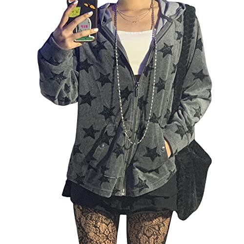 Santikisler Y2K Graphic Vintage Hoodies for Women Star Oversized Sweatshirt Zip Up Hoodies Coat Long Sleeve Hooded Jacket Tops (Star+Dark Gray, XL)