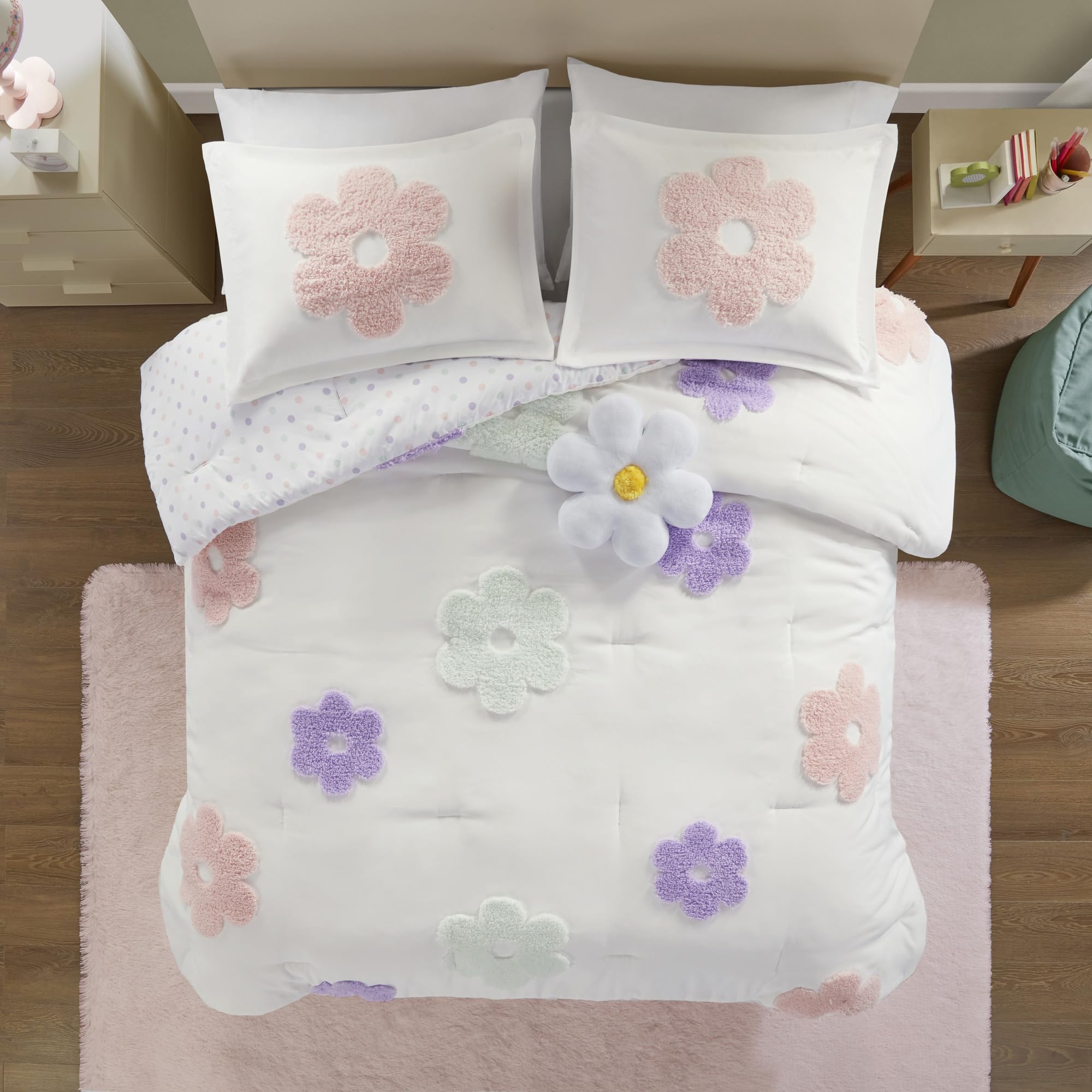 Urban Habitat Kids Queen Comforter Set for Girls, Tufted Chenille Floral Comforter Set Queen, Lightweight Polka Dot Comforter Reversible Bed Set, Shams, Pillow, Gracie, Full/Queen White/Purple 4 Piece