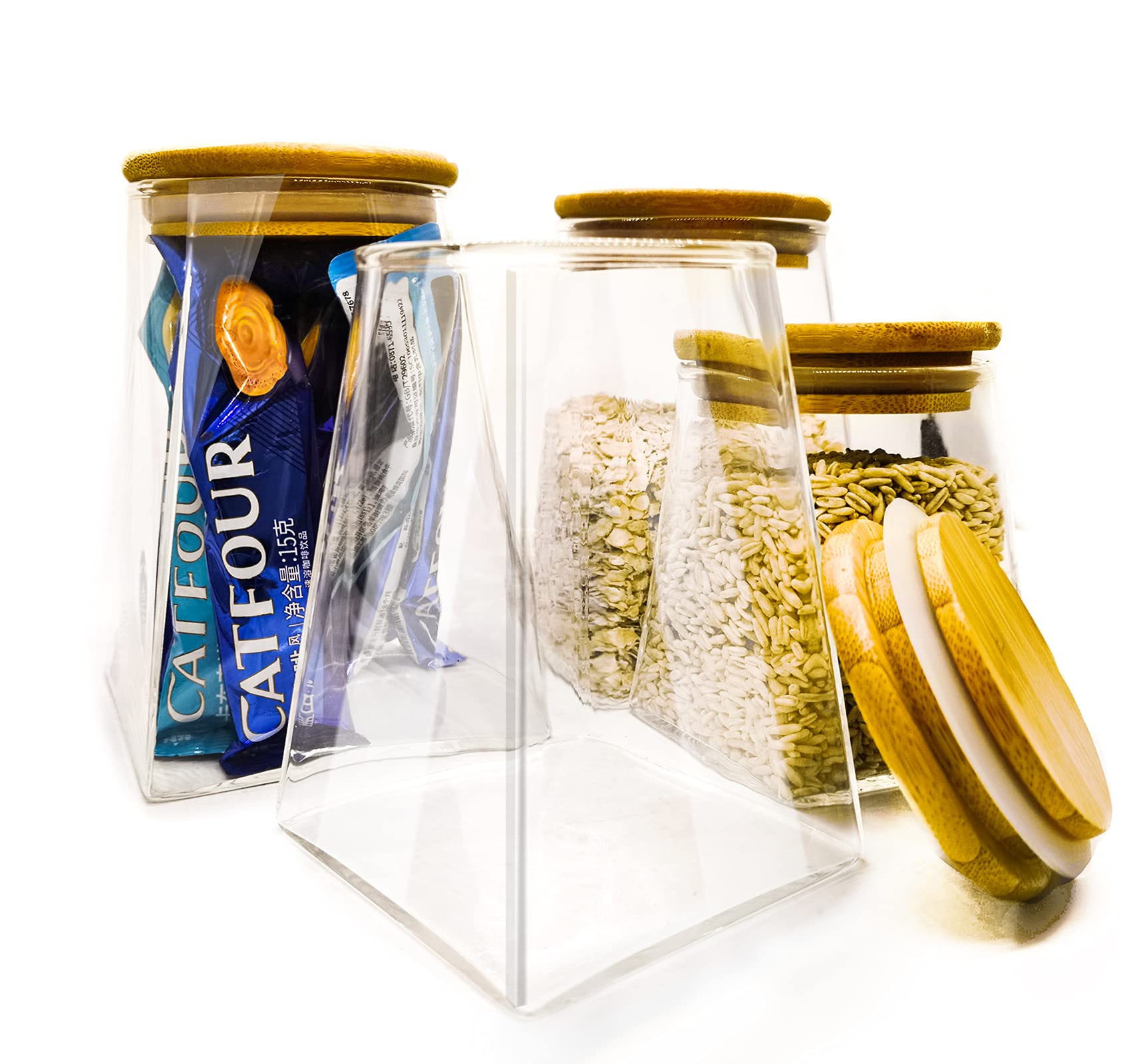 Glass Food Storage Jars Container Canister Set Terrarium With Extra Wide Mouth Wooden Lid for Candy, Cookie, Rice,Spice,Tea kitchen Organization Storage Pantry organizer (4 SIZE ABOVE IN ONE PACK)