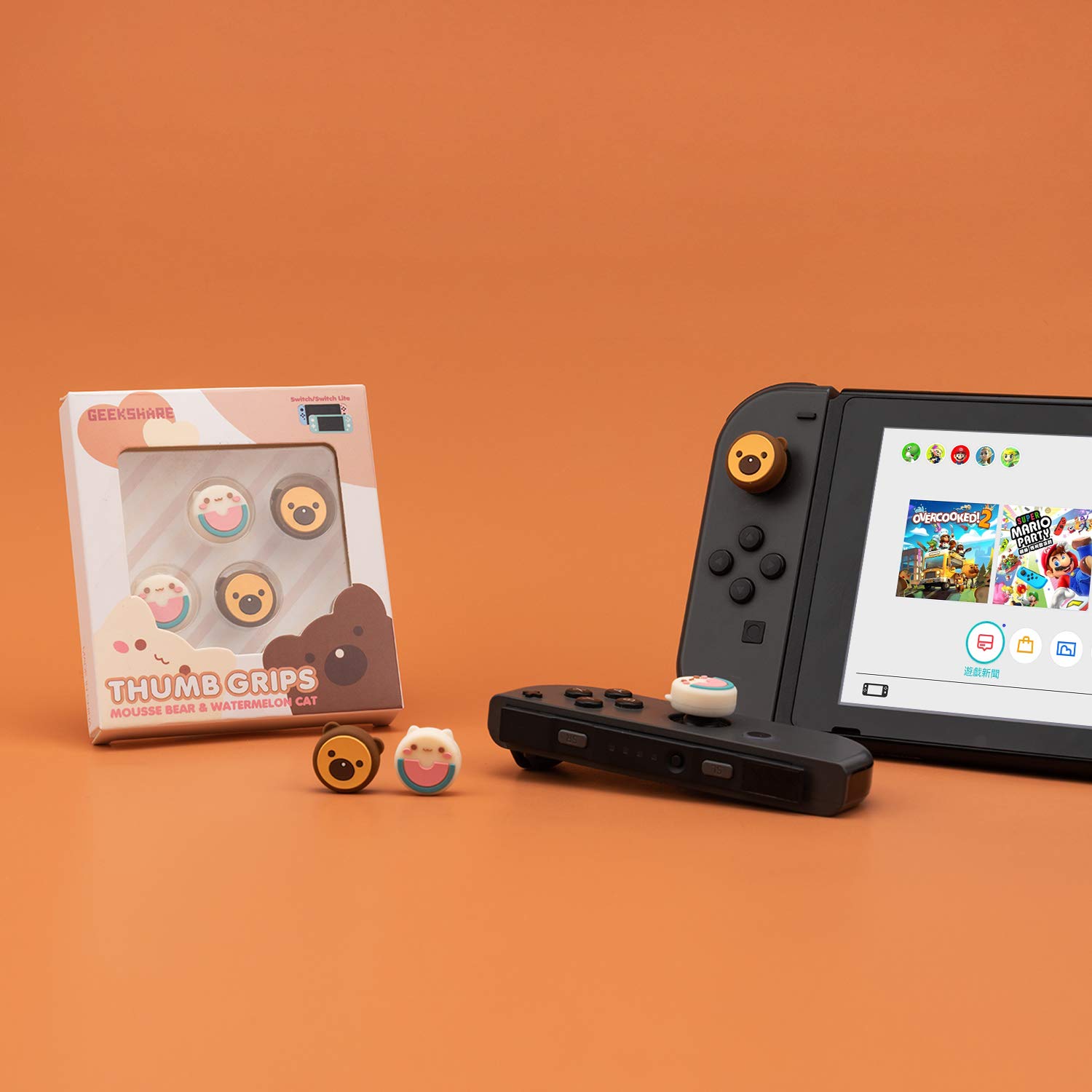 GeekShare 4PCS Cute Animal Theme Thumb Grip Caps,Soft Silicone Joystick Cover Compatible with Nintendo Switch /OLED/ Switch Lite -- Watermelon Cat and Mousse Bear