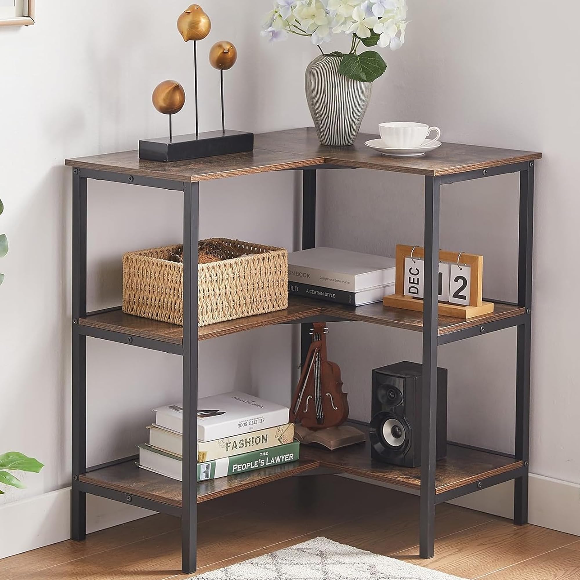 VECELO Corner Cabinet Table with 3 Tier Open Shelf, Multipurpose Display Organizer Storage Stand, for Small Space Living Room Home Office Kitchen, Rustic Brown