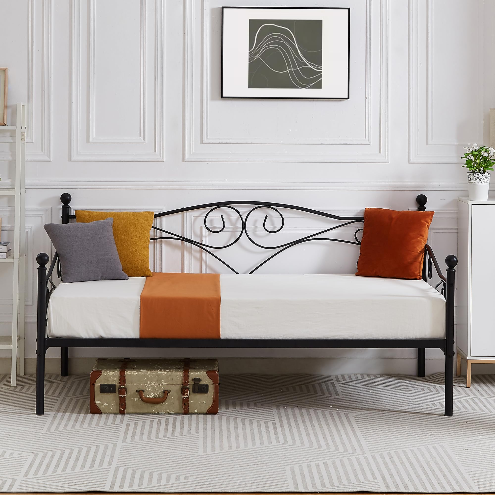 VECELO Daybed Frame, Twin Size Metal Platform Bed with Headboard,Heavy Duty Steel Slats Support for Living Room Bedroom Guest Room, Easy Assembly
