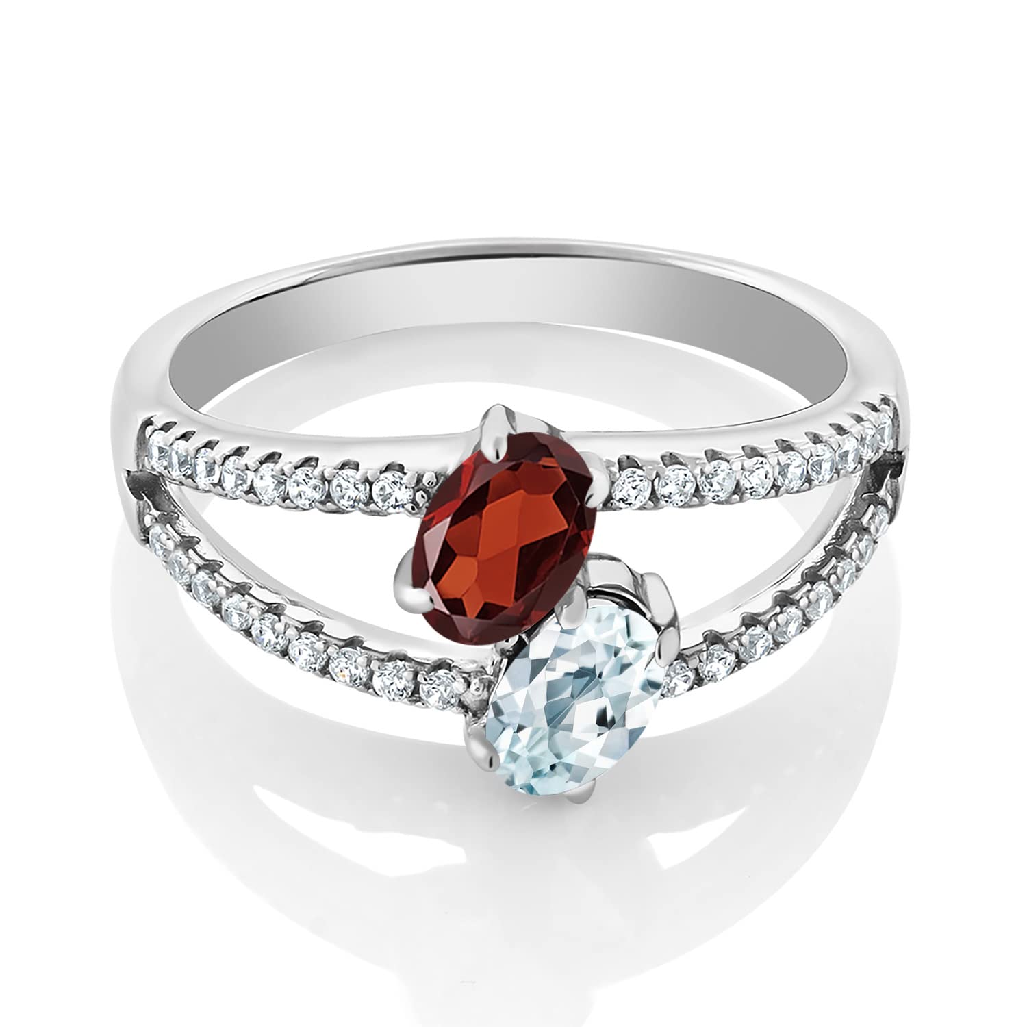 Gem Stone King 925 Sterling Silver Red Garnet and Sky Blue Aquamarine 2 Stone Ring 1.34 Ct Oval Gemstone Birthstone (Size 7)
