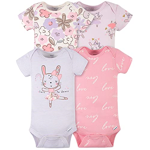 Gerber Baby Girls' 4-Pack Short Sleeve Onesies Bodysuits, Bunny Ballerina Purple, 6-9 Months