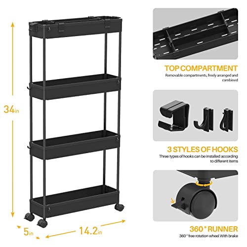 SPACELEAD Slim Storage Cart 4 Tier, Storage Organizer Rolling Utility/ Mobile Shelving Unit Slide Out Storage Cart for Office, Bathroom, Kitchen, Laundry Room & Narrow Places, Black