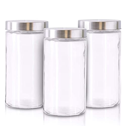 Glass Jars for Kitchen ā Set of 3 Large Food Storage Containers ā 60Oz Storage Jars with Metallic Lids ā Multipurpose Glass Containers for Snacks, Coffee, Pet Treats ā Screw-On Lid