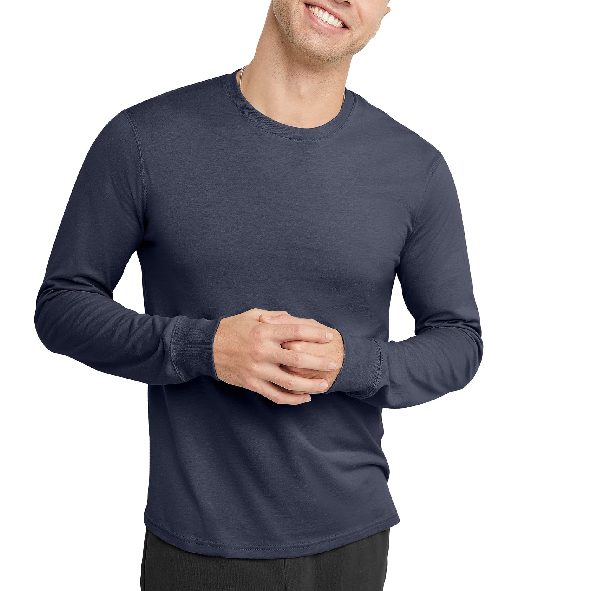 Hanes Originals Long Sleeve Cotton T-Shirt, Classic Crewneck Tee for Men, Black, Large