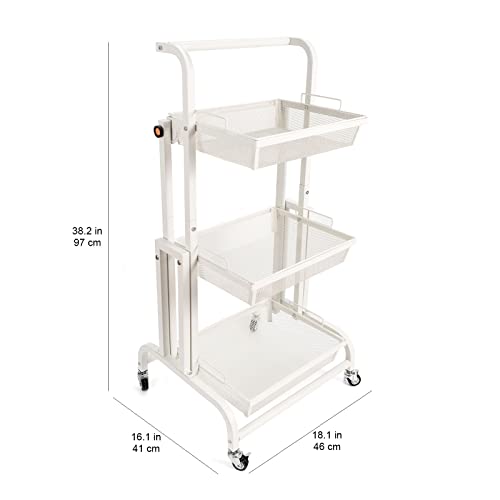 UPGLOW 3-Tier Metal Rolling Utility Cart, Adjustable Kitchen Storage Cart with Removable Mesh Baskets, Storage Trolley with Handle and Lockable Wheels for Kitchen, Bathroom, Office, Coffee Bar