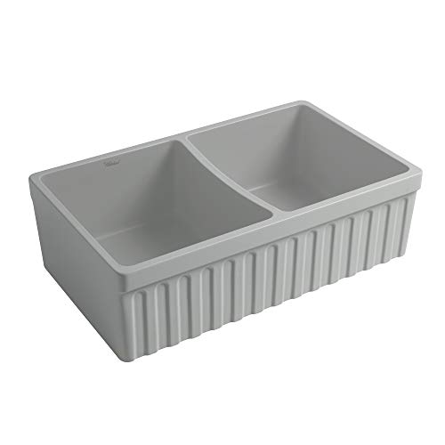 Whitehaus Collection WHQDB332-M-LIGHTCEMENT Quatro Alcove Kitchen, Fireclay, Front Apron Sink, Matte, Light Cement