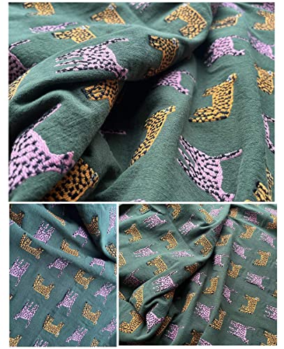Tiger Embroiderd Linen Cotton Fabric,Green Embroidered Fabric,Designer Fabric,Quilting Fabric,Fabric by Yard,Thick Fabric,Linen Fabric