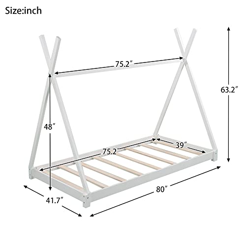 Twin House Bed, Floor Bed, Tent Bed, Wood Platform Bed Frame with Roof for Toddlers Kids Boys Girls Teens, No Box Spring Needed – White