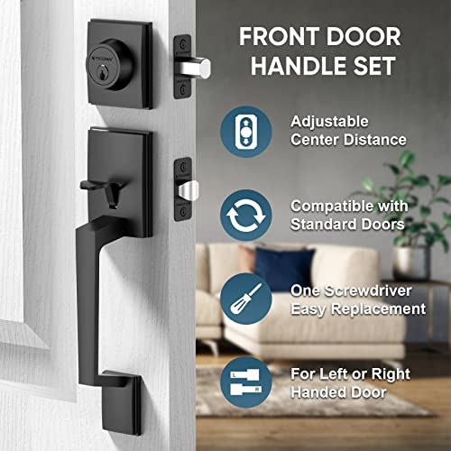 TICONN Front Door Handle Set, Heavy Duty Square Door Lever & Single Cylinder Deadbolt Combo Reversible for Entrance Exterior Doors (Matte Black)