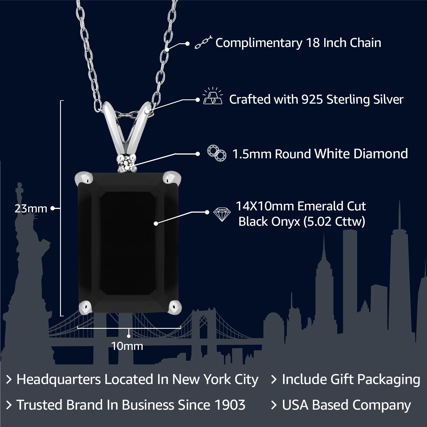 Gem Stone King 925 Sterling Silver Gemstone Birthstone and White Diamond Necklace | Emerald Cut 14X10MM Pendant Necklace for Women | With 18 Inch Silver Chain