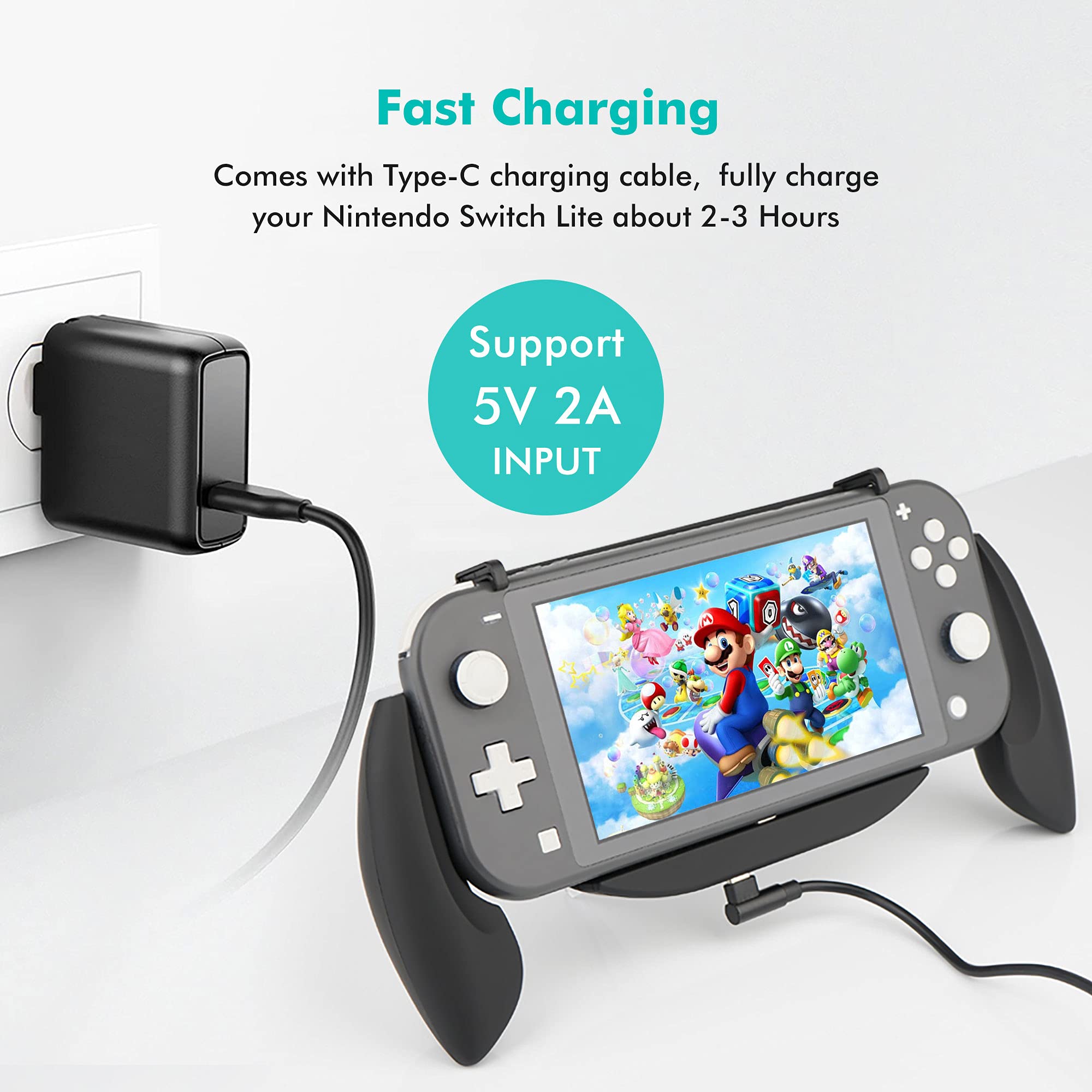 Hand Grip Case for Switch Lite, KIWIHOME Switch Lite Grip with Stand Ergonomic Comfort Handles with Game Storage Case Support Quick USB Charging Protective Case Kit for Switch Lite (Black)