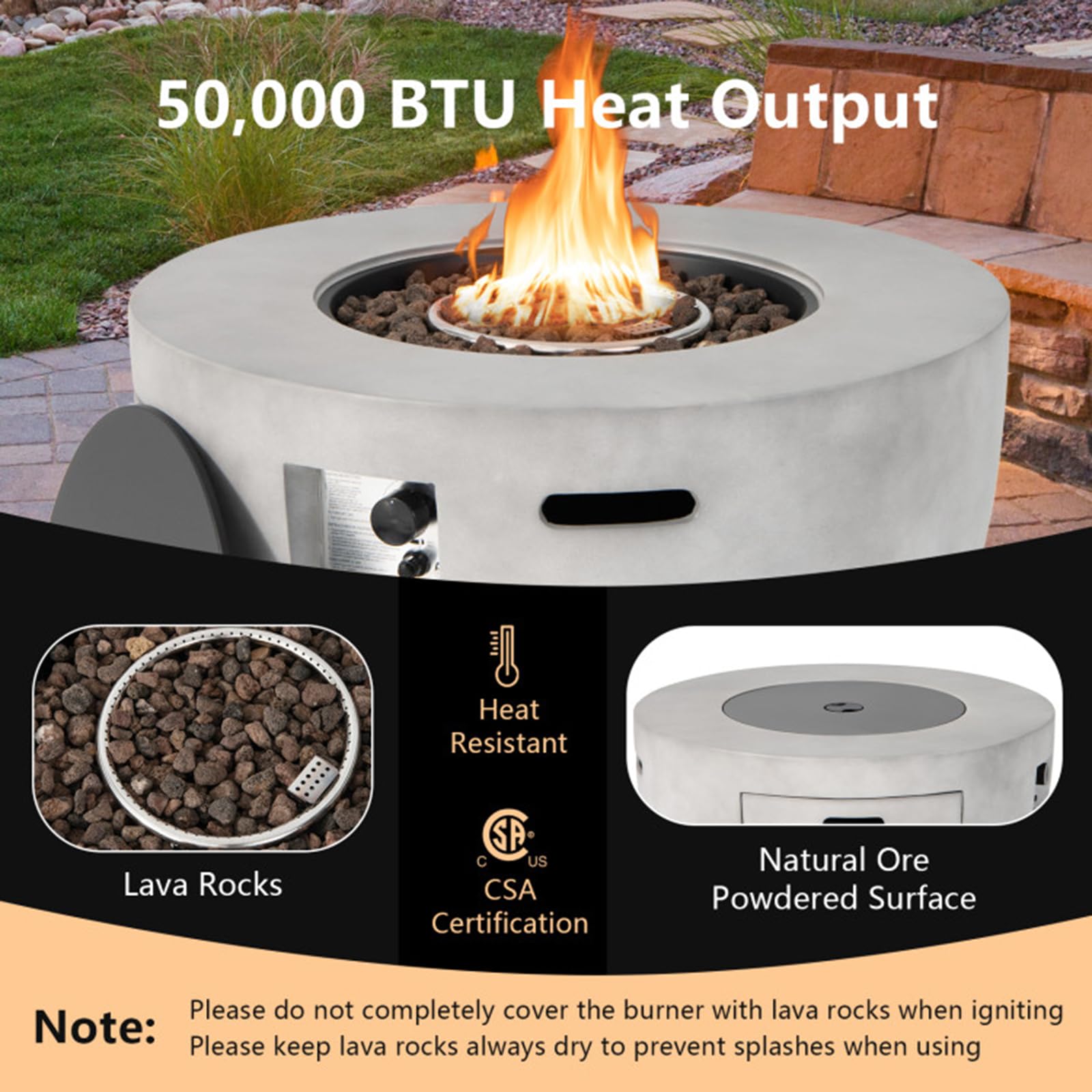 Gas FirePit Table 36 Inch Propane Fire Pit Table 50,000 BTU, Round Concrete Propane Fire Pit Table with Lava Rocks