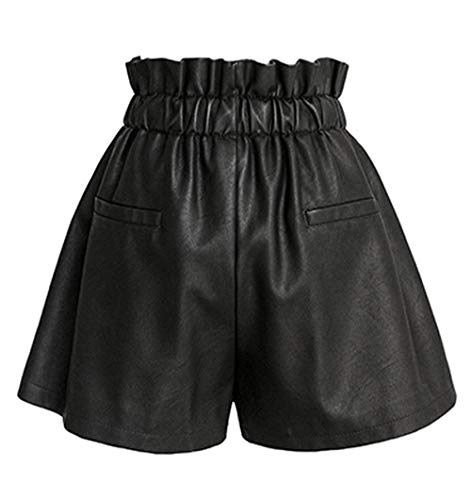 SCHHJZPJ High Waisted Wide Leg Black Faux Leather Shorts for Women (Black, L)