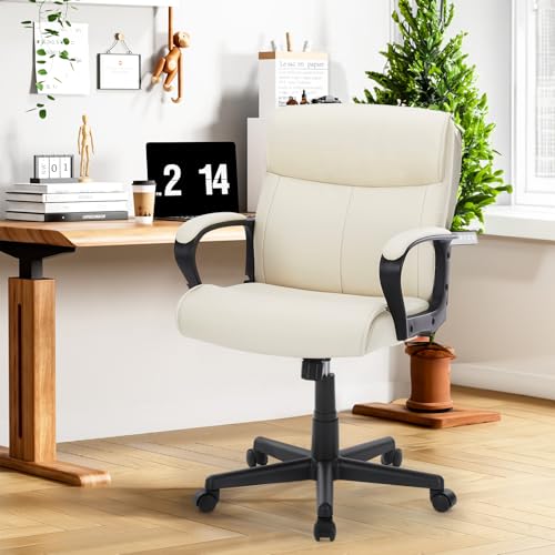 Sweetcrispy Executive Office Chair with Padded Armrests Adjustable Height, 360-Degree Swivel, Lumbar Support, PU Leather, Cream