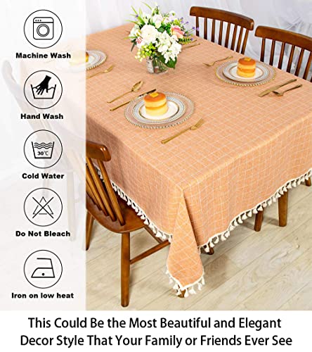 Rectangle Tablecloth Cotton Tablecloth Wrinkle Free Dust-Proof Table Cloth Checkered Design Tablecloth Heavy Weight Cotton Linen 55"x86" Coral Embroidery Tassel Tablecloth for Home Kitchen Tables