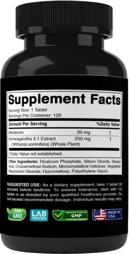 Vitabod Melatonin 20mg with Ashwagandha 4:1 Extract 250mg, Calm Mood & Antioxidant Action, 120 Tablets