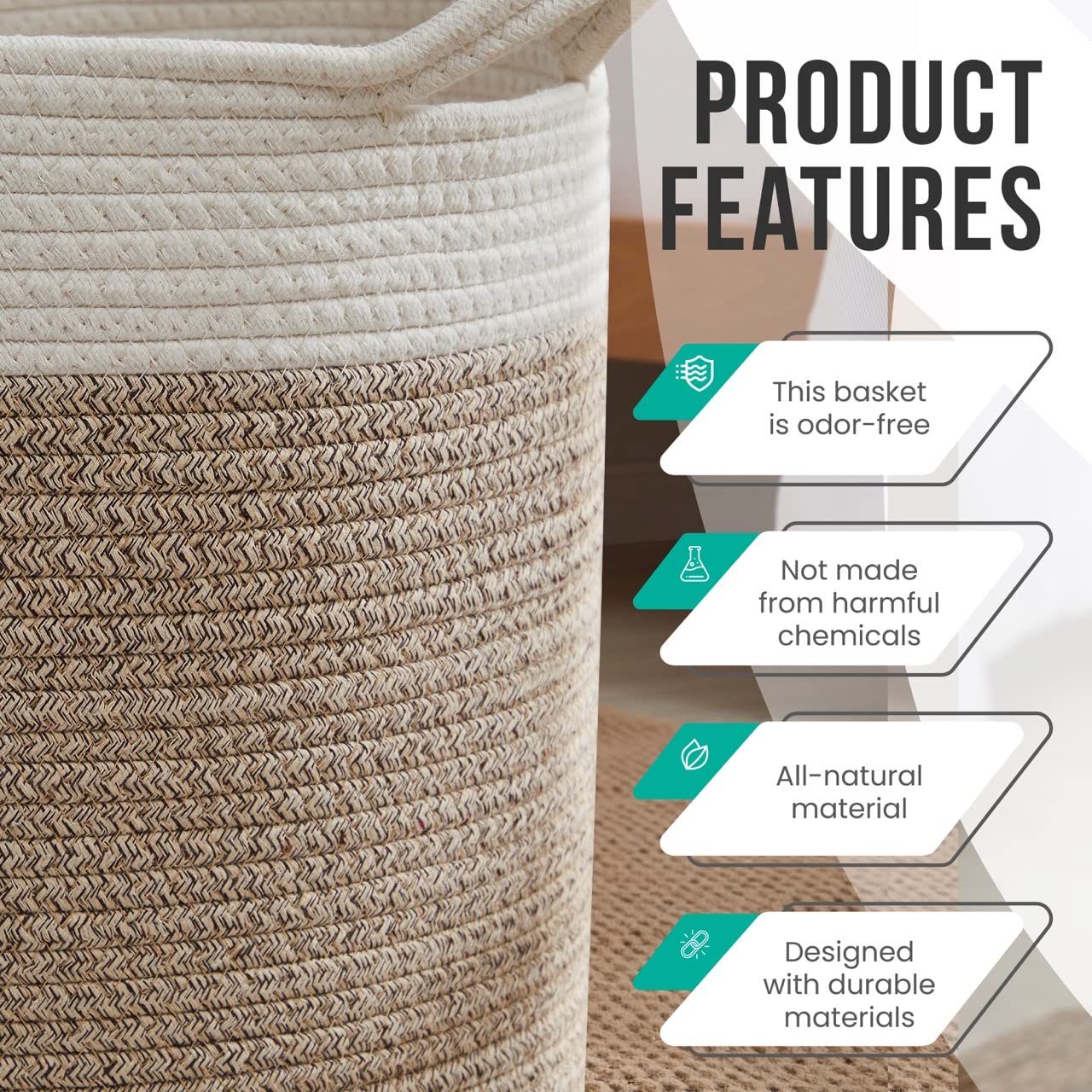 Organizix Large Cotton Rope Laundry Hamper Woven Basket with Handles, Storage Basket for Toys, Blanket, Throws, Pillows and Towels - 18 x 16, White/Beige