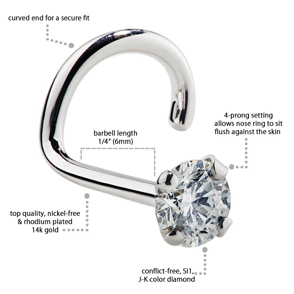 FreshTrends SI1-3mm (0.1 ct. tw) Diamond 14K White Gold Nose Ring Twist Screw - 20G
