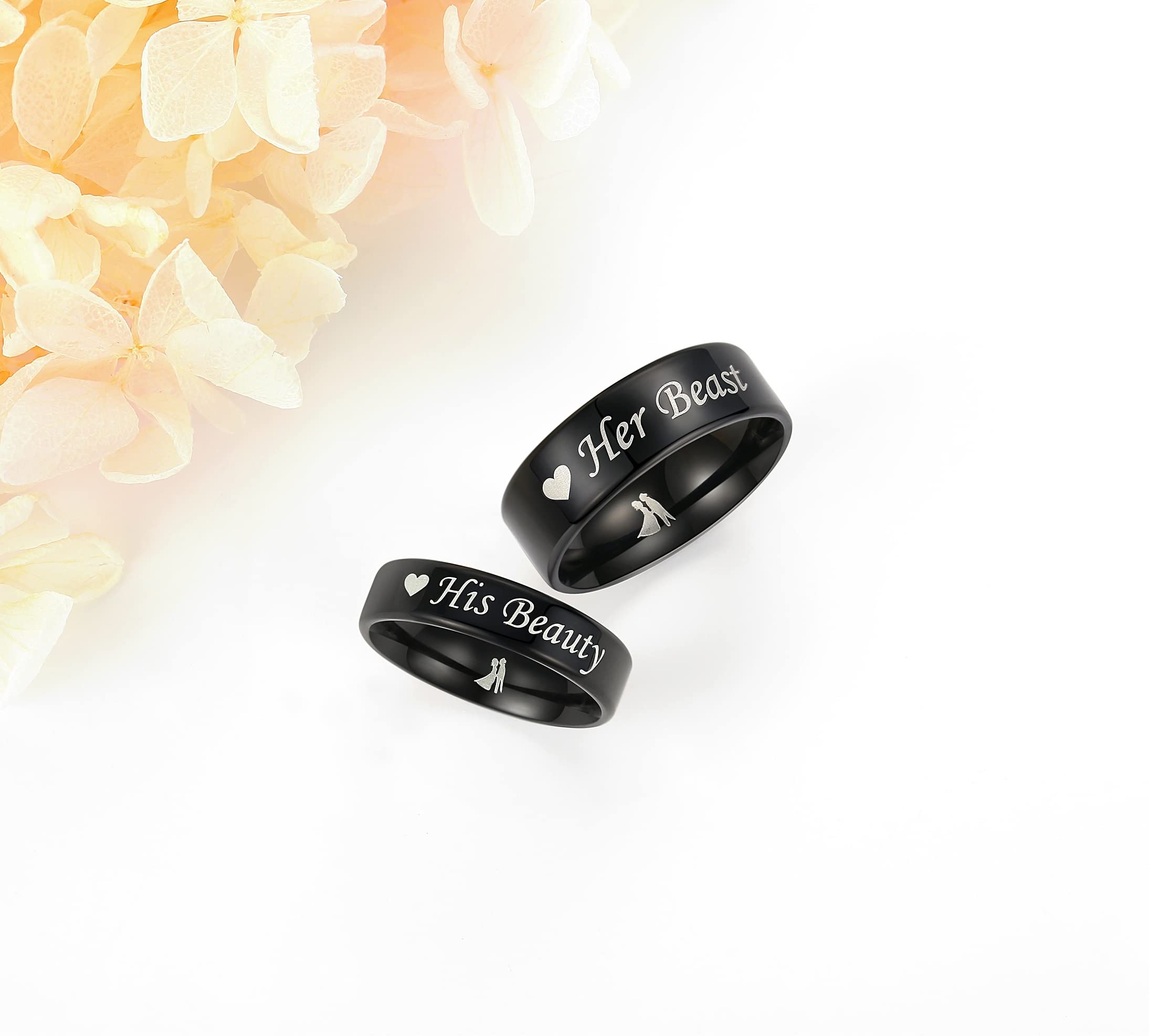 Global Jewelry Amazing His Beauty Her Beast Titanium Stainless Steel Wedding Band Set Anniversary Engagement Promise Ring