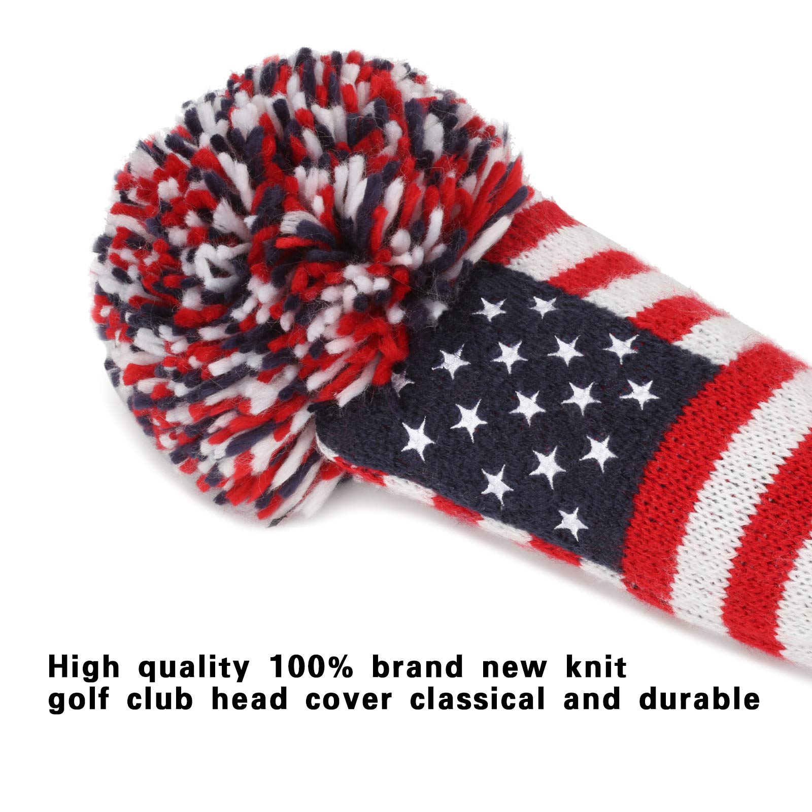 Golf Head Covers (3PCS) Driver Fairway #3 Hybrid Knit Pom Pom White Blue Red USA Flag Desin with Number Tag
