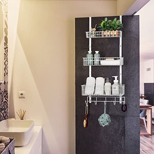 Over The Door Basket Organizer 3 Tier Hanging Kitchen Storage Rack Heavy Duty Pantry Organizer with 3 Basket and 5 Hooks Door Back Metal Wire Basket for Kitchen, Bathroom, Office, White