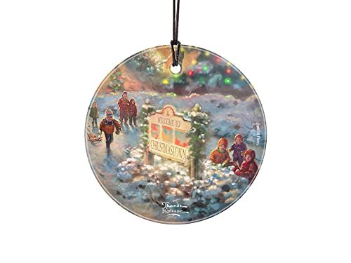 Thomas Kinkade - The Lights of Christmastown – Children Snow Day - 3.5” Starfire Prints Hanging Glass Print Accessory – Officially Licensed Collectible | Complimentary Velveteen Gift Bag