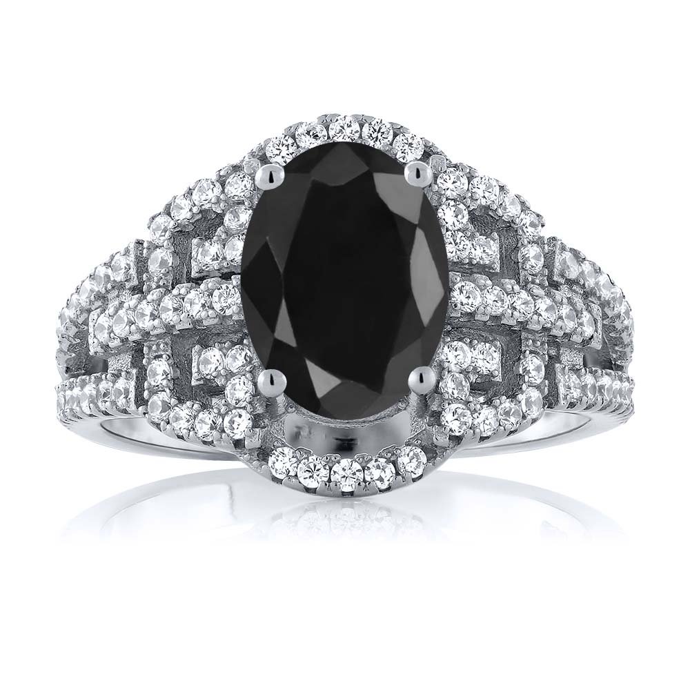 Gem Stone King 2.56 Ct Oval Black Sapphire Gemstone Birthstone 925 Sterling Silver Women's Ring (Size 7)