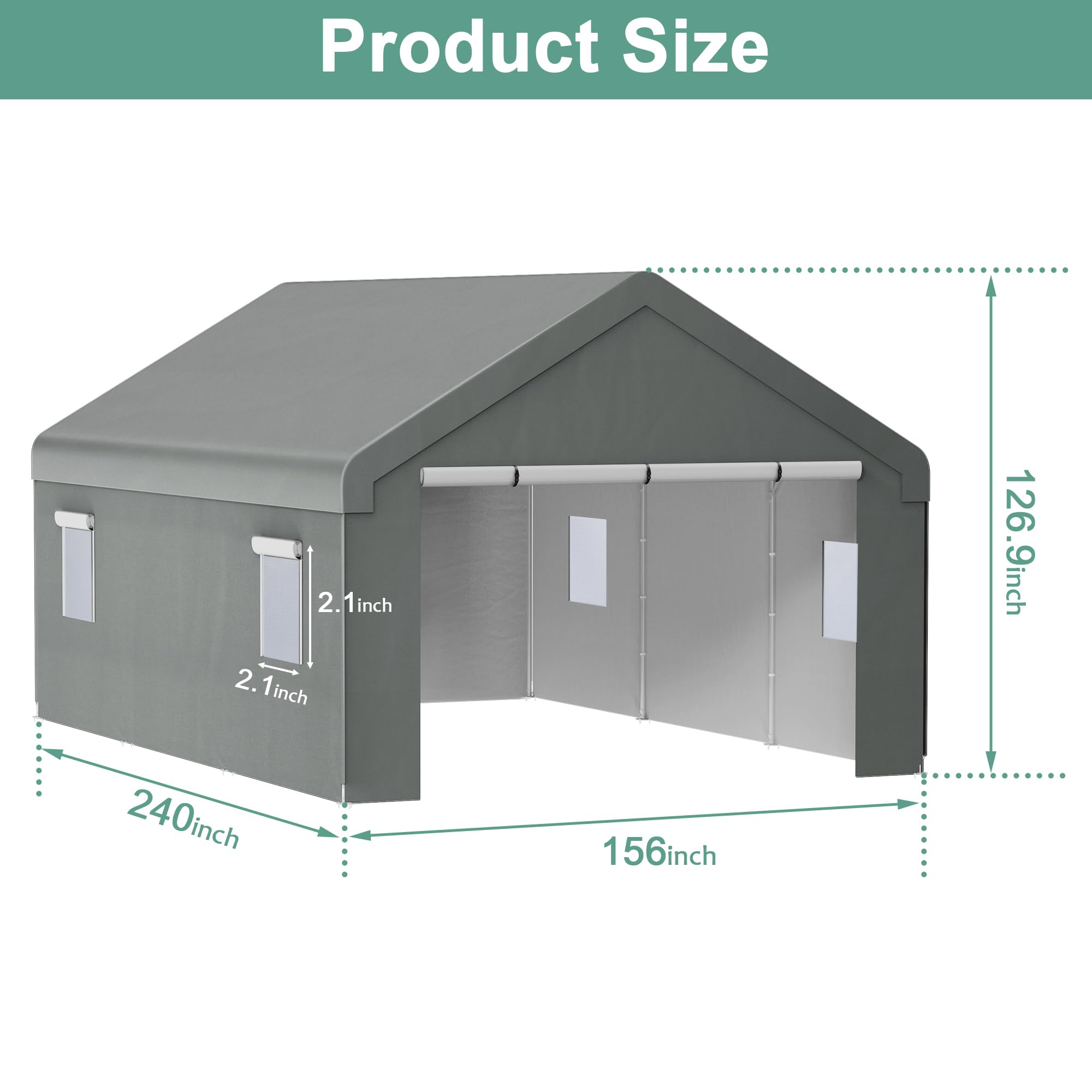 ROOMTEC Outdoor 13x20 FT Carport, Heavy Duty Canopy Storage Shed with Mesh Windows and Pure iron pipe, Waterproof Oxford Cloth, Removable Sidewalls & Doors, for Car, Boat, Party, Wedding, Light Grey