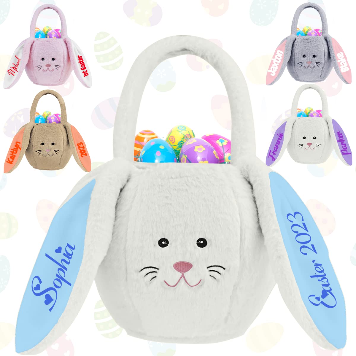 Personalized Easter Basket for Girls Boys Kids Custom Bunny Easter Basket with Name Handle Customized Easter Gift for Baby Toddler Teen