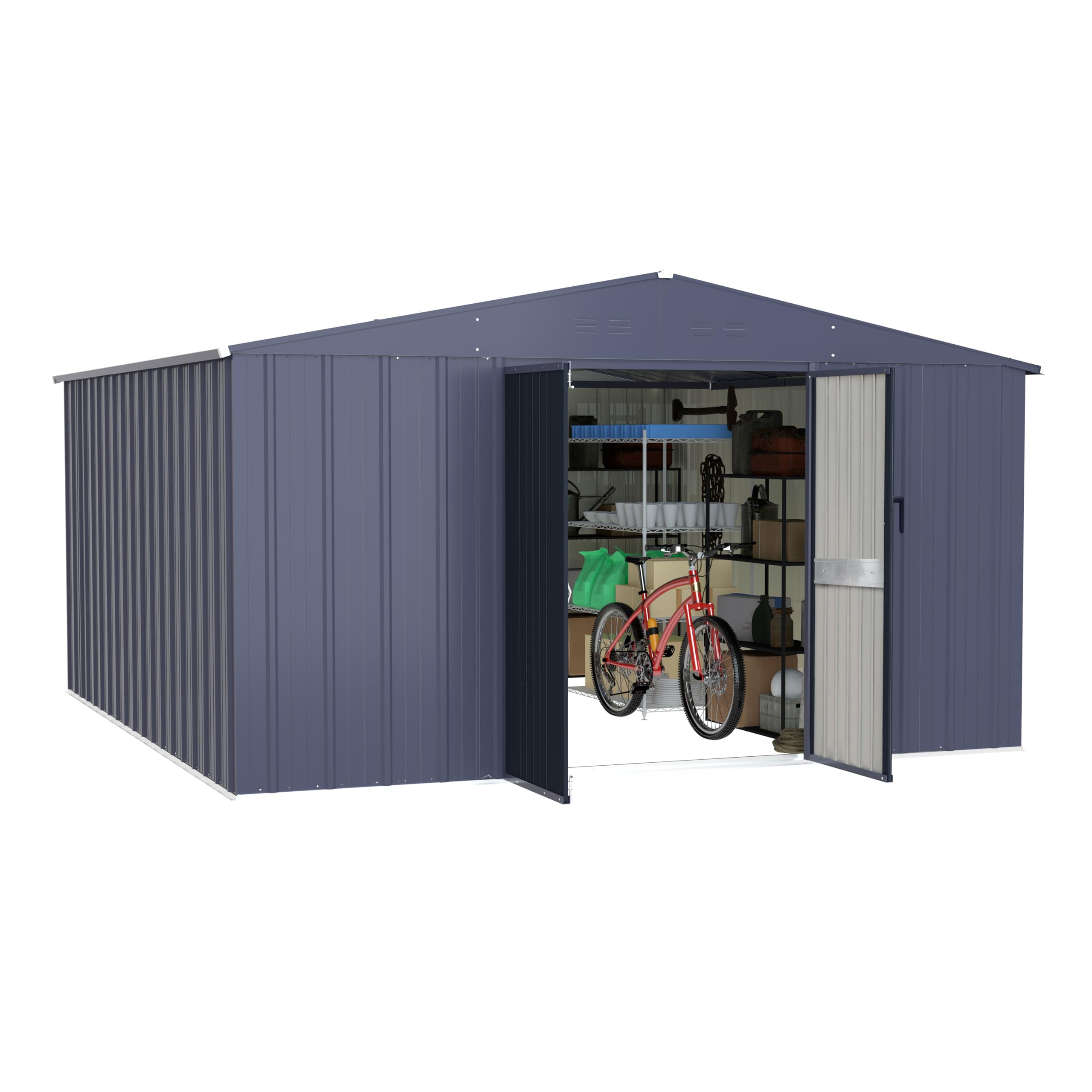 VEIKOU 10' x 10' Outdoor Storage Shed with Thickened Galvanized Steel, Metal Shed with Lockable Doors, Air Vents, Garden Tool Storage Shed for Lawn Patio Backyard, Grey