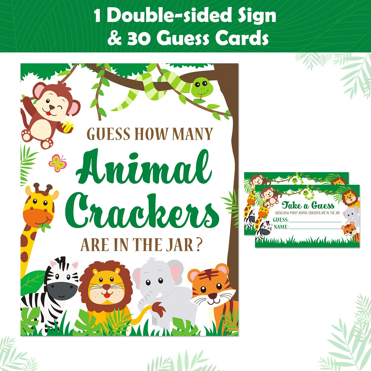 Guess How Many Animal Crackers Jungle Safari Baby Shower Game with Standing Sign and 30 Cards
