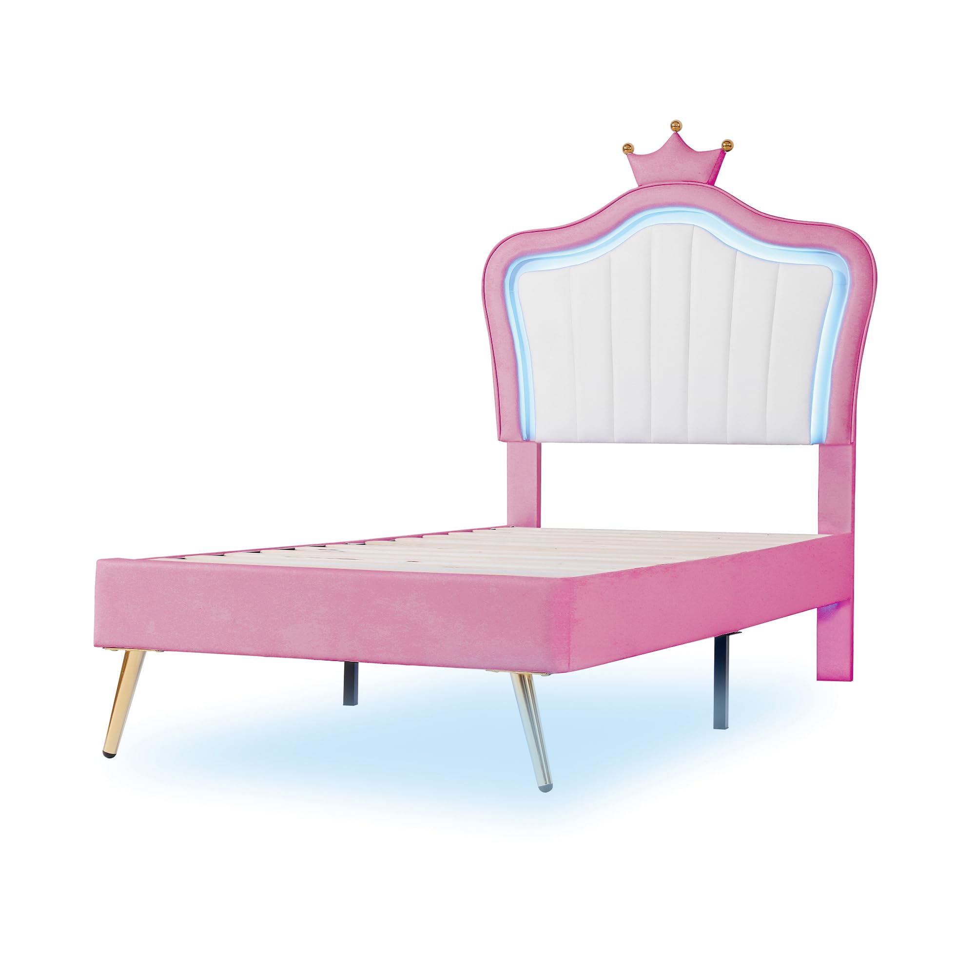 Twin Size Upholstered Princess Bed Frame with LED Lights and Crown Headboard,for Kids Boys Girls Teens Bedroom Use (White+Pink@LED//, Twin)