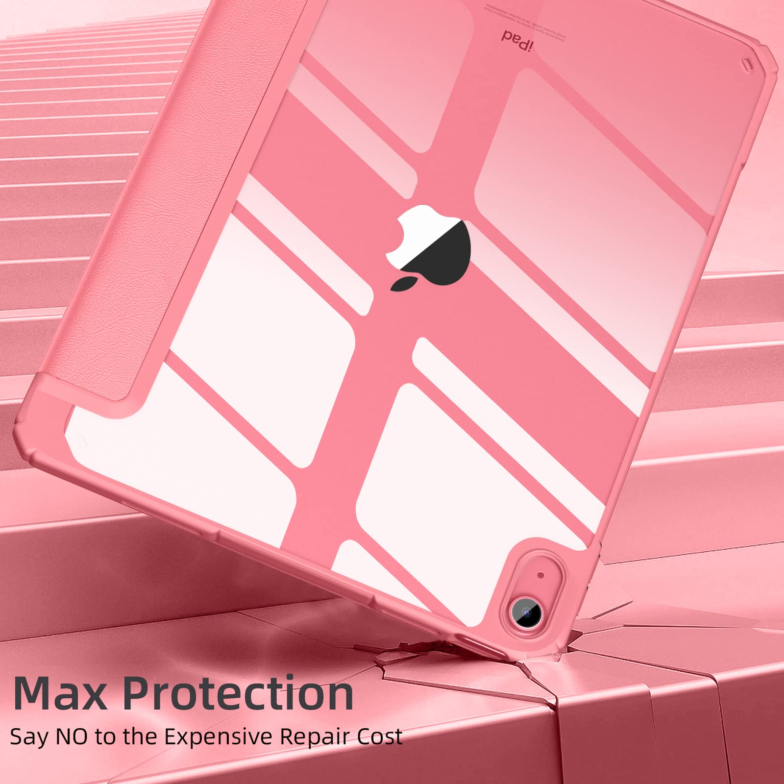 Mastten Compatible with iPad 10th Generation Case with Pencil Holder, iPad 10.9 Case with Clear Transparent Back Shell, Auto Wake/Sleep, Shockproof Slim Cover for iPad 10 Gen 10.9 Inch 2022, Leaf Red