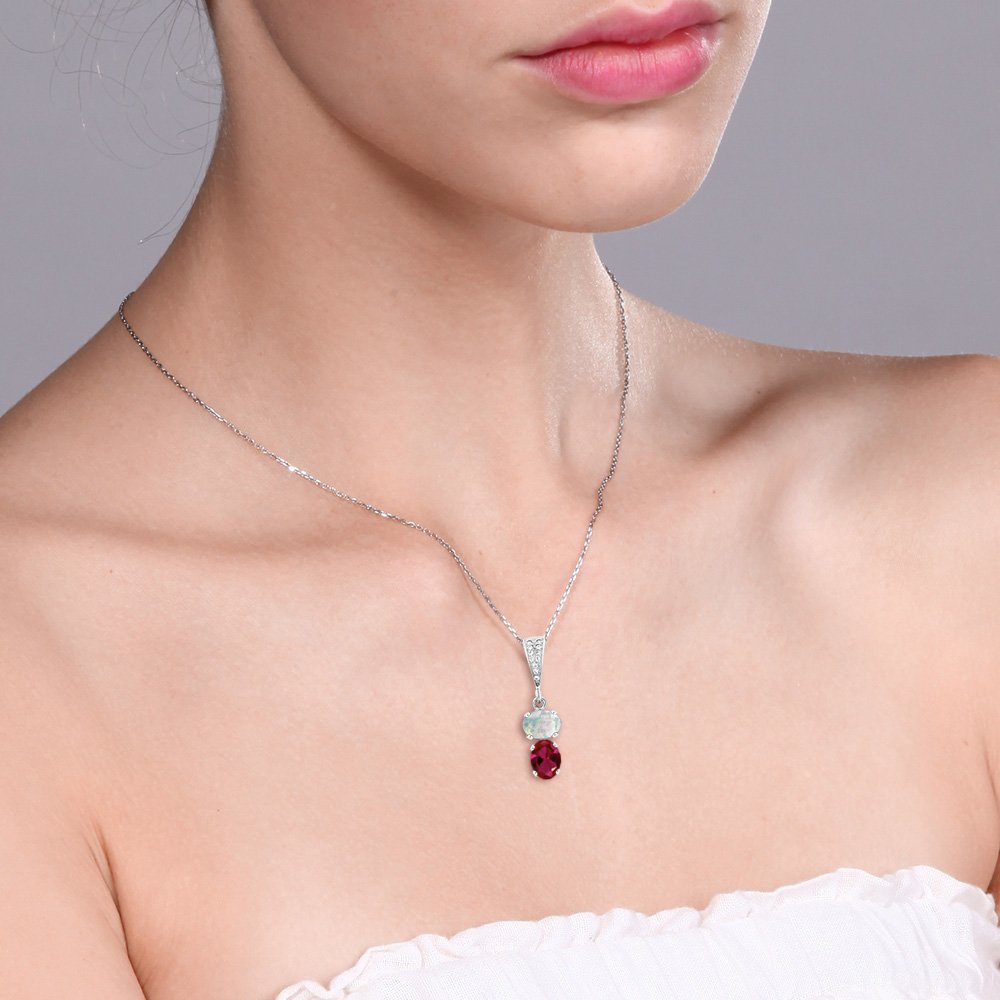 Gem Stone King 925 Sterling Silver White Simulated Opal and Red Created Ruby Pendant Necklace For Women (2.27 Cttw, Gemstone October Birthstone, Oval Cabochon 8x6MM, with 18 Inch Chain)