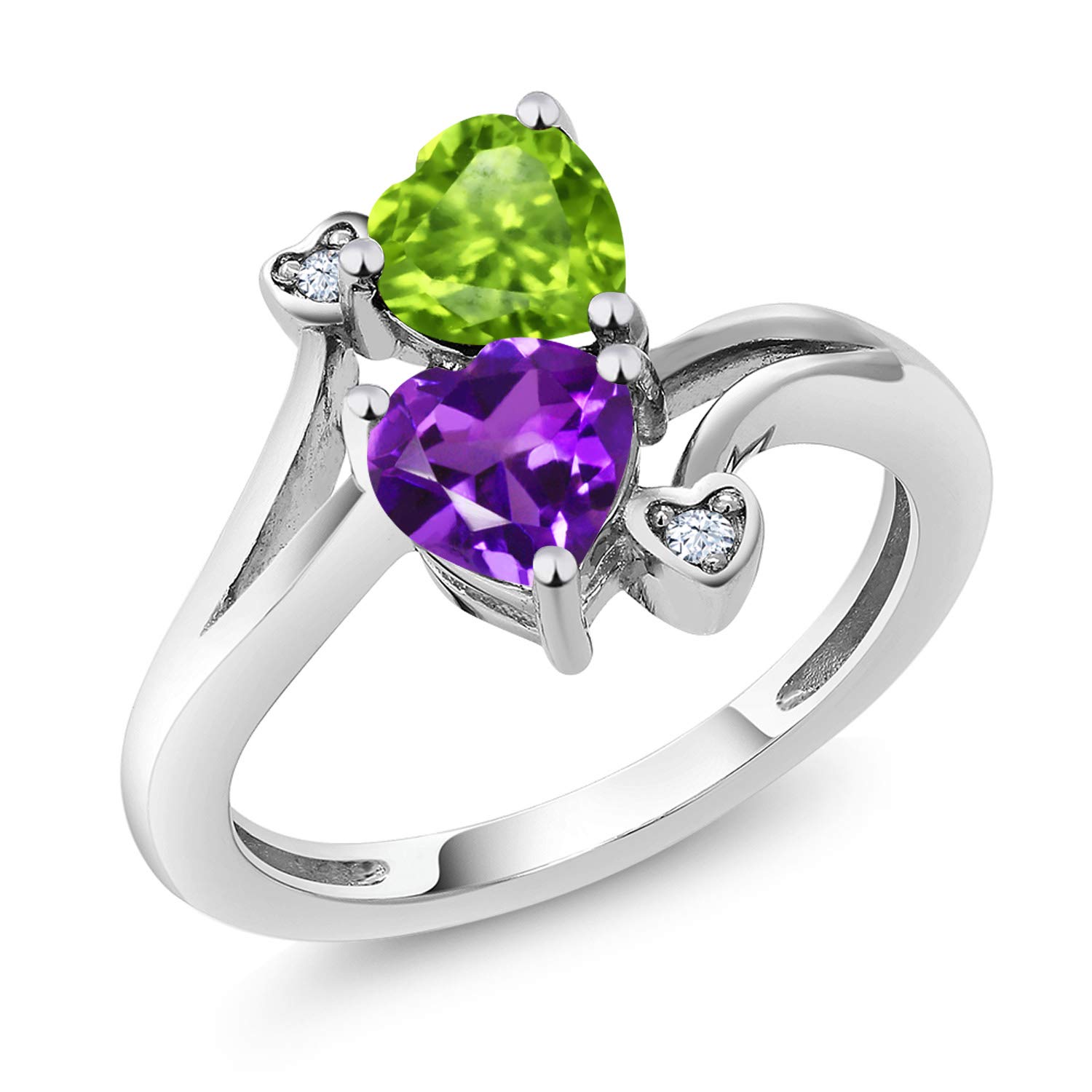 Gem Stone King 10K White Gold Purple Amethyst and Green Peridot Ring For Women (1.51 Cttw, Heart Shape 6MM, Gemstone Birthstone, Available In Size 5, 6, 7, 8, 9)