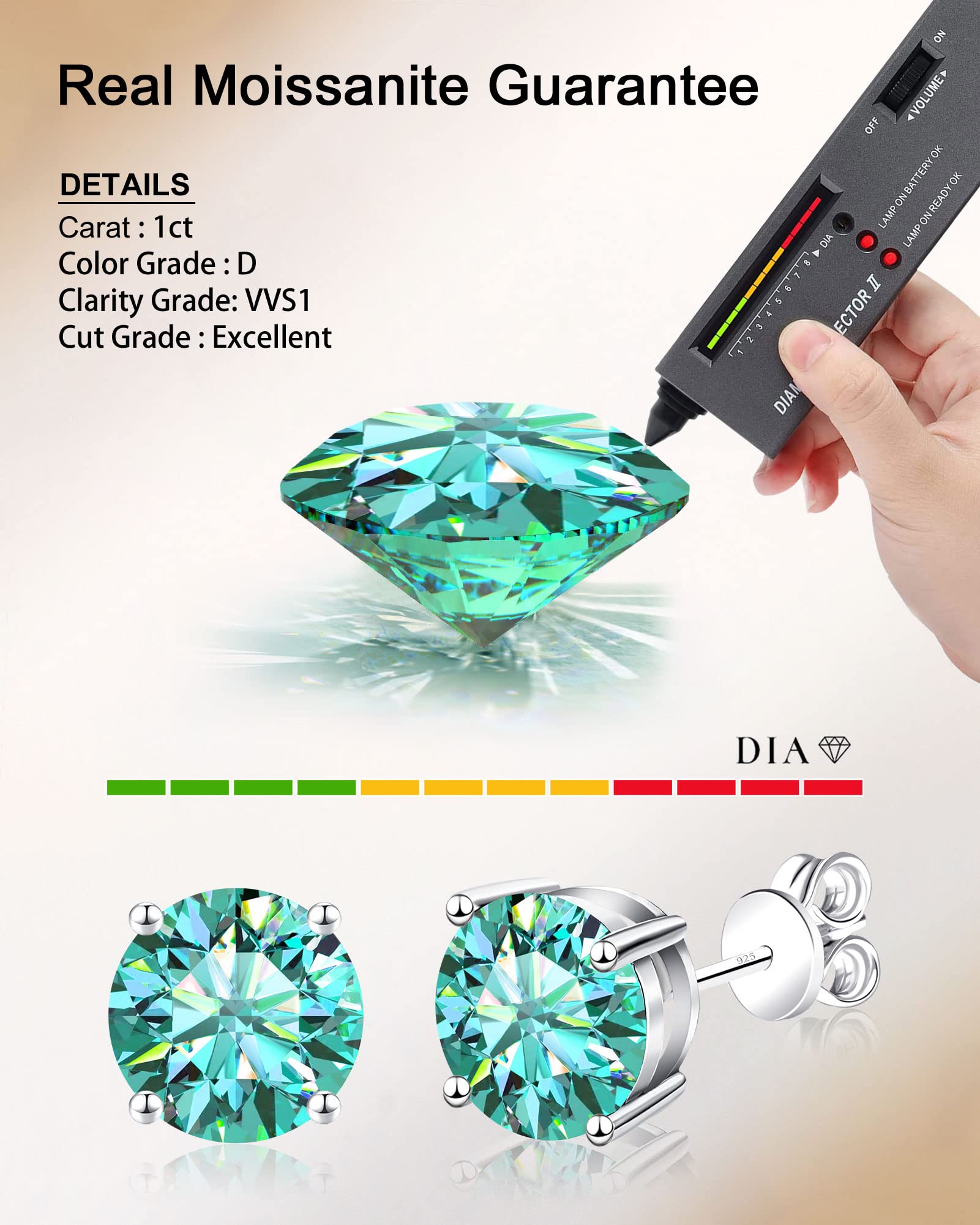 Howoo Moissanite Earrings for Women Men White Gold Plated Sterling Silver Stud Earrings Moissanite Diamond Gifts for Her