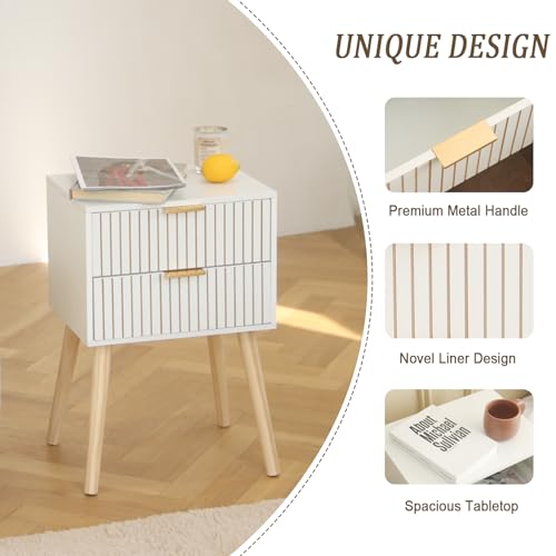 White Nightstand, Modern Bedside Table with 2 Drawers, Wood Side End Table with Storage for Small Space, Bedroom, Living Room, White