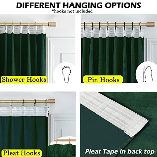 Timeper Green Blackout Velvet Curtains 96 inches Vintage Style Dark Green Velvet Drapes Light Blocking Thermal Insulated for Bedroom, Office, W52 x L96, 2 Panels, Back Tab Design