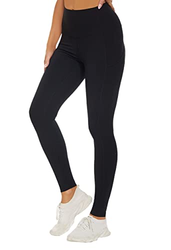 KYRIAD Full Length Seamless Athletic Running Workout Leggings for Women with 3 Pockets High Waisted Exercise Compression Yoga Pants Obsidian Black XS