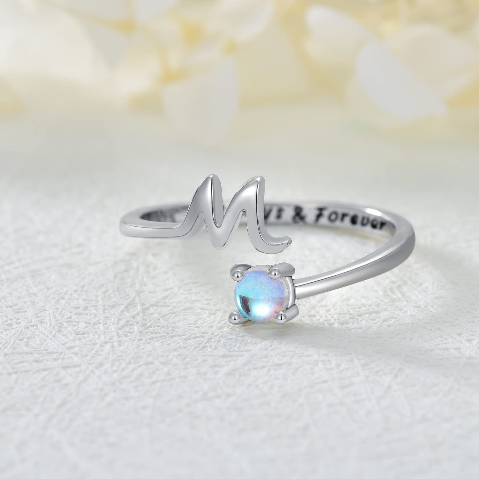 LELOUCHY Letter M Ring 925 Sterling Silver Adjustable Initial Moonstone Ring for Women Women