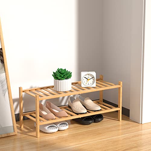 RONGJIA 2-Tier Natural Bamboo Shoe Rack - Stackable Storage Shelf with Multi-Function Combinations - Free Standing Shoe Racks for Convenient Shoe Organization(Natural) 11" D x 27" W x 13" H