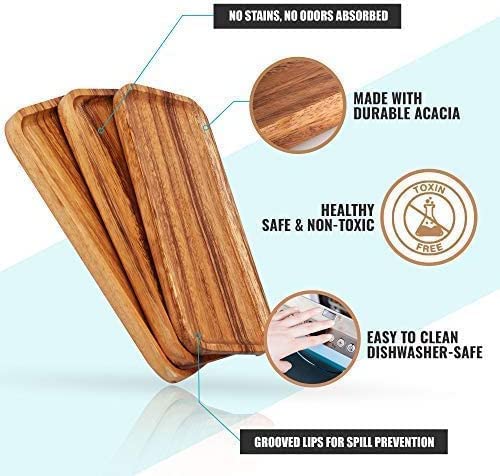 Set of 3pcs Solid Acacia Wood Serving Trays (11 x 4.1 inches) Rectangular Wooden Serving Platters for Home Decor, Food, Vegetables, Fruit, Charcuterie, Appetizer Serving Tray, Cheese Board Plate